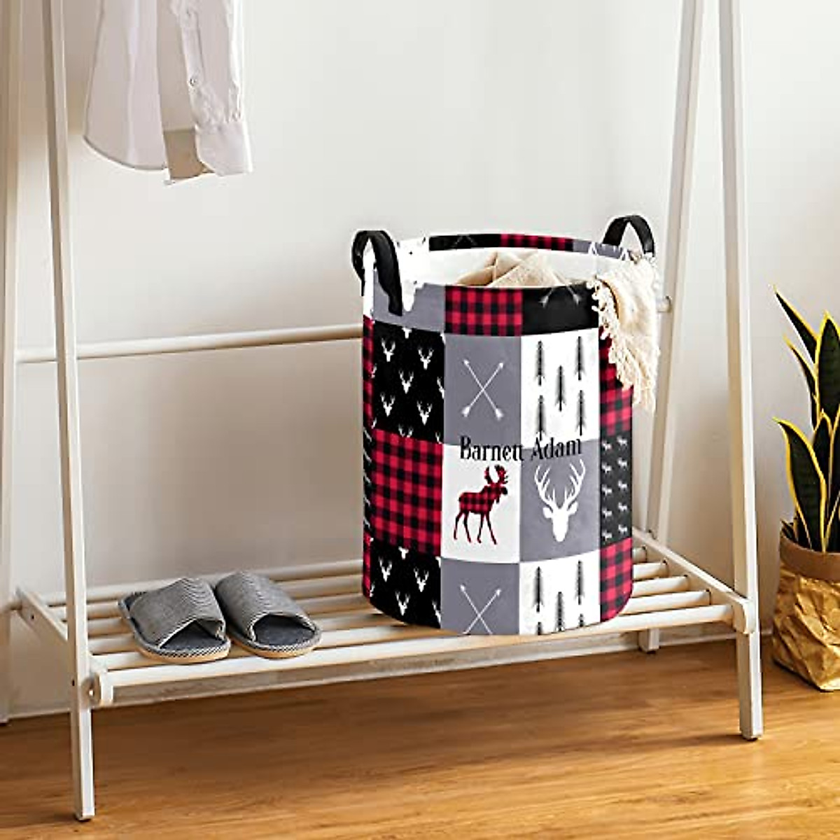 Personalized Laundry Baskets Bin, Buffalo Plaid Deer Woodland Laundry Hamper with Handles, Collapsible Waterproof Clothes Hamper, Laundry Bin, Clothes Toys Storage Basket for Bedroom, Bathroom, College Dorm 50L