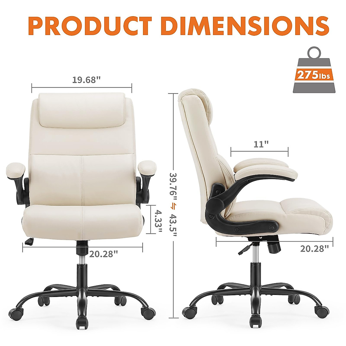 Sweetcrispy Ergonomic Executive Office Chair: Mid Back Desk Chair with Wheels Computer Chair with Lumbar Support Height Adjustable PU Leather Office Chair Flip up Arms, Beige White
