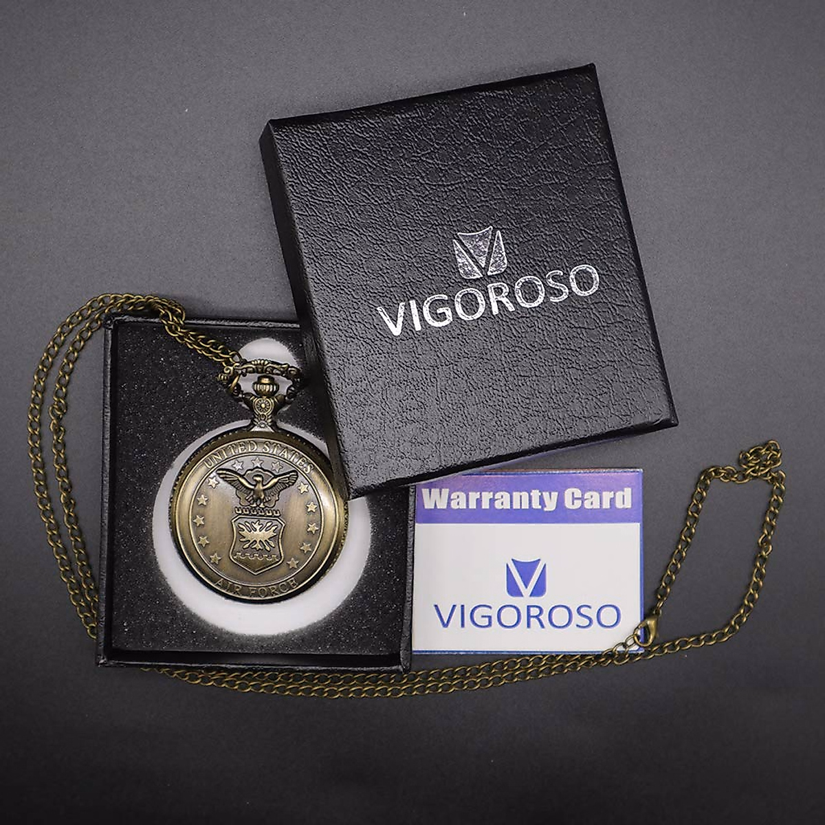 VIGOROSO Vintage Retro Pocket Watch UNITED STATES AIR FORCE Style Bronze Steampunk Chain in Box