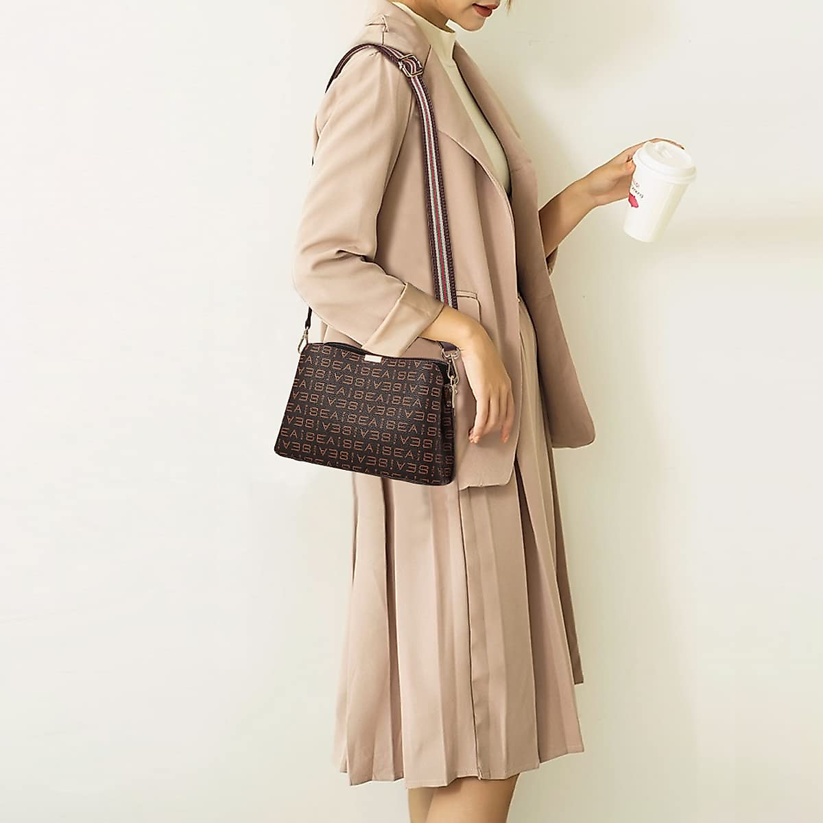 FOXLOVER Small Crossbody Shoulder Bags for Women PVC Faux Leather Ladies Monogram Purses Womens Fashion Signature Handbag with Adjustable Shoulder Strap (Brown)