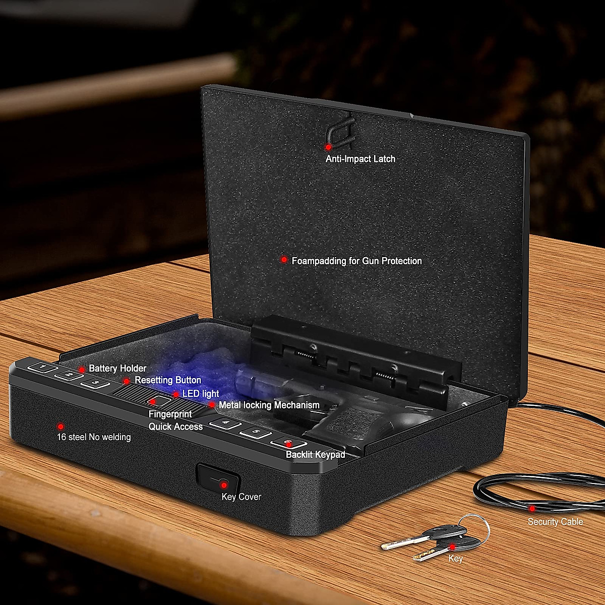 Biometric Gun Safe for Pistols, Wall Mounted Fingerprint Handgun Safe Lock Box for Bedside Car Nightstand Drawer Closet -with Security Cable/Light/Safe Organizer