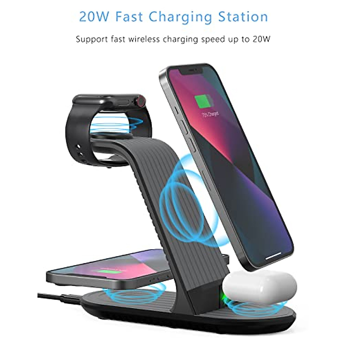 4 in 1 Wireless Charging Station, 20W Fast Wireless Charger for Multiple Devices Apple iWatch 7/SE/6/5/4/3/2 iPhone 13/13 Pro Max/13 Pro/12/11 AirPods Pro(with QC 3.0 Adapter)