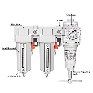 NANPU 1/2" NPT T-Handle High Pressure Air Drying System - Double 5 Micron Particulate Filter & Air Pressure Regulator Piston Combo, Semi-Auto Drain＆Gauge