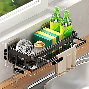 YOMEAN Self Adhesive Sponge Holder, Kitchen Wall Mount Sink Caddy Aluminum Drying Drain Rack Storage,Peeler, Brush, Soap, Cloth Rag,Towel Organizer with Removable Drip Tray for Countertop,No Drilling