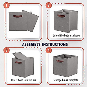 Ornavo Home Foldable Collapsible Storage Box Bins Linen Fabric Shelf Basket Cube Organizer with Leather Handles - Set of 6-13 x 13 x 13 - Gray