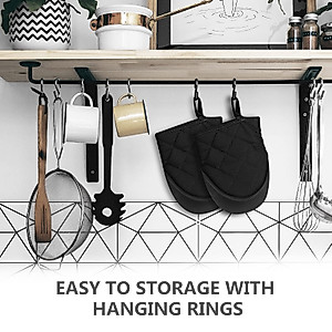 Qulable 1 Pair Short Oven Mitts - Silicone Kitchen Oven Gloves High Heat Resistant 500℉, Mini Oven Mits with Non-Slip Grip Surfaces and Hanging Loop for BBQ, Baking, Cooking and Grilling (Black)