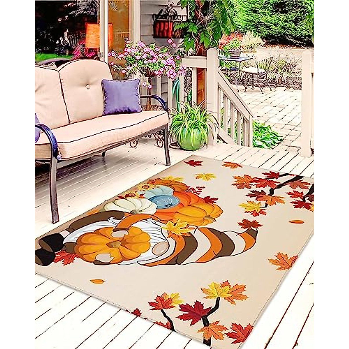 Outdoor Area Rug for Patio,Thanksgiving Dwarf Pumpkin Maple Leaf Camping Rugs Indoor Large Floor Mat 5x8ft,Fall Orange Gradient Leaves Outside Carpet for Deck RV Picnic Porch Backyard Bedroom