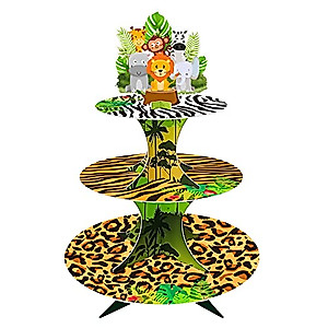 3 Tier Jungle Safari Cupcake Stand, Wild Animal Dessert Holder for Forest Jungle Safari Birthday Baby Shower Sage Green Party Decorations Supplies for 24 Cupcakes