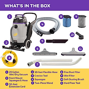 ProTeam Wet Dry Vacuums, ProGuard 20, 20-Gallon Commercial Wet Dry Vacuum Cleaner with Tool Kit and Front Mount Squeegee