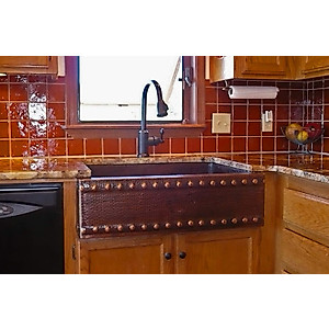 Premier Copper Products KASDB33229BS 33-Inch Hammered Copper Kitchen Apron Single Basin Sink with Barrel Strap Design, Oil Rubbed Bronze