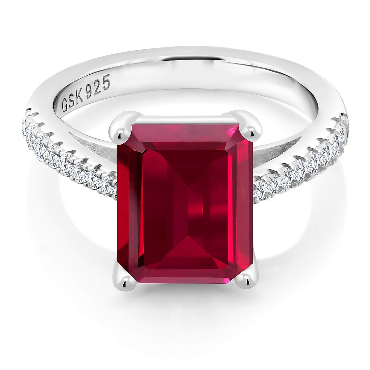 Gem Stone King 925 Sterling Silver Red Created Ruby and White Created Sapphire Ring For Women (4.06 Cttw, Emerald Cut 10X8MM, Available In Size 5, 6, 7, 8, 9)