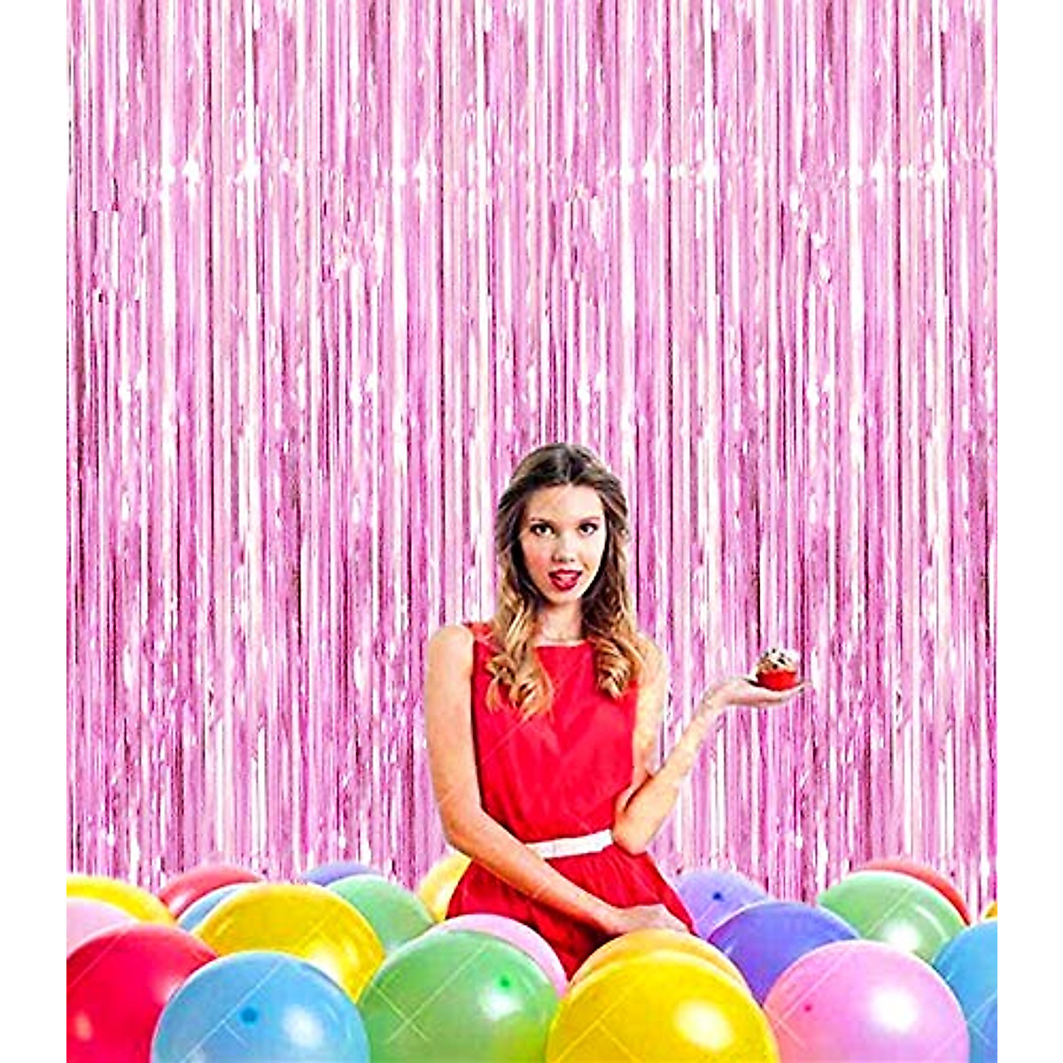 2 Pcs 3.2ft x 8.2ft Shiny Light Pink Metallic Tinsel Foil Fringe Curtains Photo Booth Backdrop for Birthday Wedding Holiday Celebration Bachelorette Party Decorations (Light Pink)