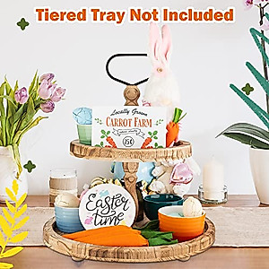 Easter Decorations - Easter Decor -6 Pieces Tiered Tray Decor Set Gnomes Plush,3 Carrots and 2 Wooden Signs Farmhouse Rustic Tiered Tray Decro for Home Table House Room