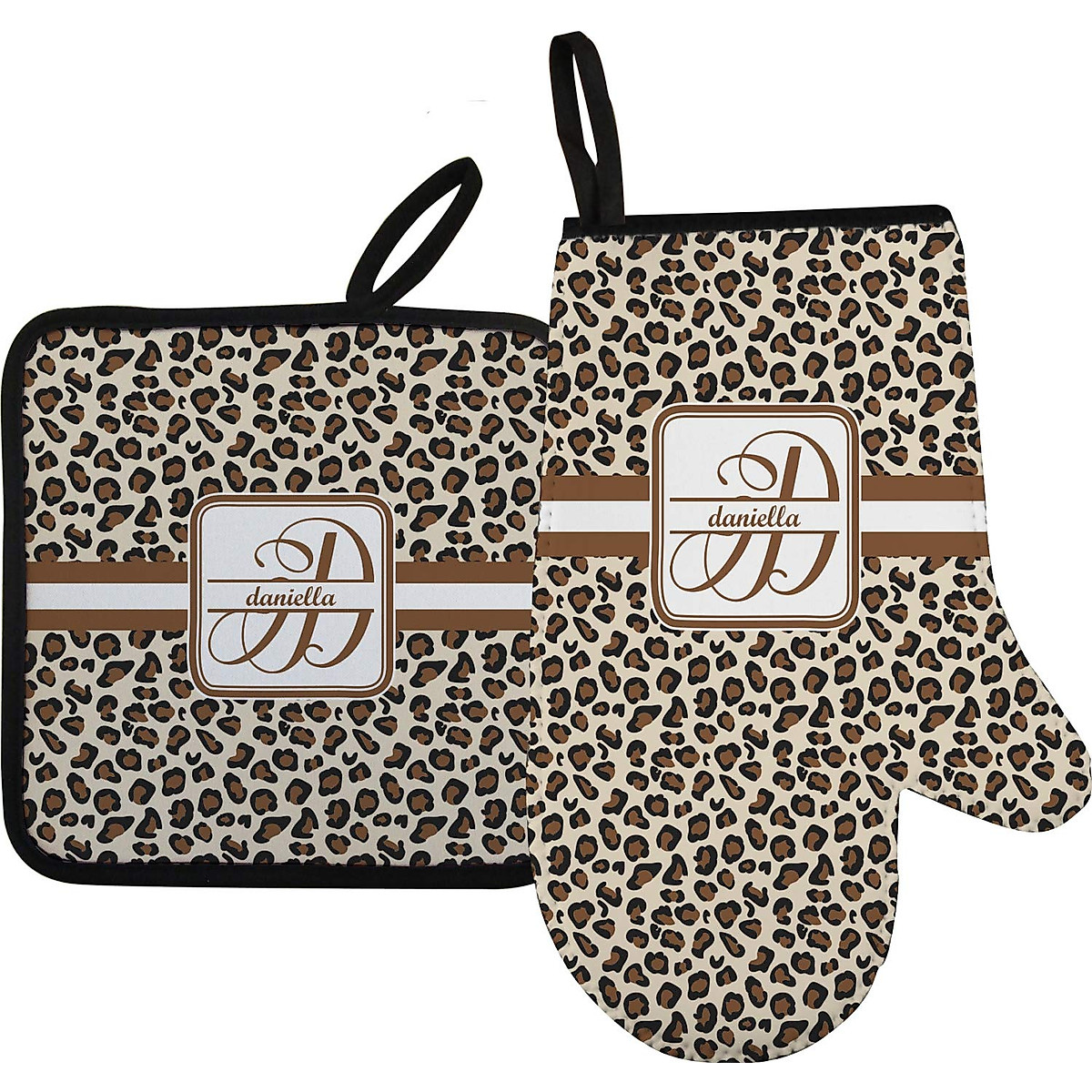 Personalized Leopard Print Right Oven Mitt & Pot Holder Set w/Name and Initial