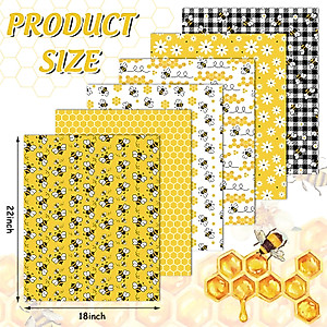 Whaline 6Pcs Summer Cotton Fabric Bundles Bee Daisy Honeycomb Plaid Fat Quarters Bee Theme Quilting Patchwork Squares for DIY Handmade Craft Decor, 18 x 22 Inch