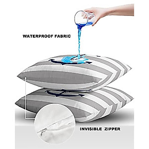 Outdoor Waterproof Throw Pillow Covers 2 Pack Square Pillowcases Grey White Stripes Anchor Pillow Protectors Decorative Cushion Cases for Patio,Garden,20x20 Inch