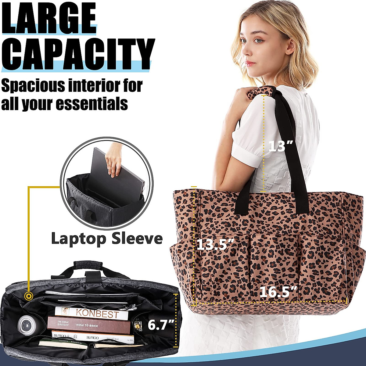 PAMLIAPY Teacher Tote Bag with 13 Pockets, Large Nurse bag for Work, Tote Bag for Women Fits 15.6" Laptop, Utility Tote with Zipper Closure, Sturdy Nursing bag, Waterproof Work Tote with Thick Bottom