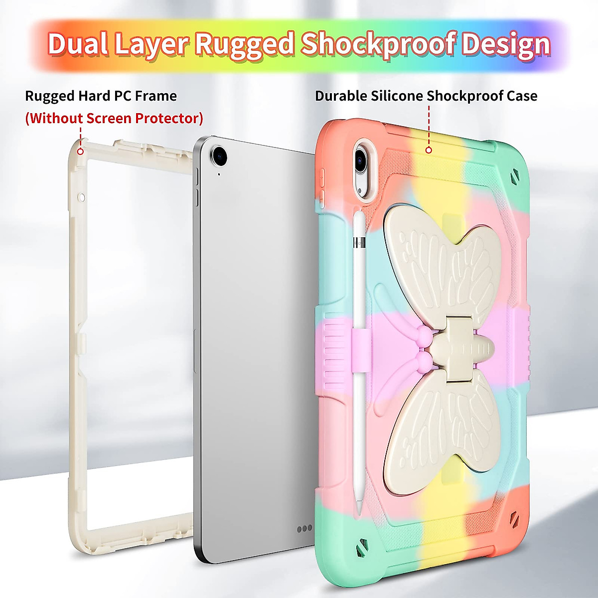 WESADN for iPad 10th Generation Case 2022 with Kickstand Lanyard Keychain Pencil Holder Rugged Heavy Duty Case for Girls Kids Cute Protective Tablet Cover for iPad 10th Gen 10.9 inch 2022 Rose Gold