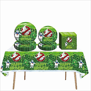91 Pcs Birthday Party Supplies Decorations Set with Tablecloth,Plates,Napkins, Banner, Balloons, Hanging Swirls, Cake Cupcake Toppers for Boys Girls Ghost Theme Party