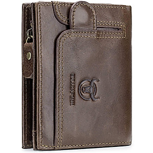 BULLCAPTAIN Mens RFID Blocking Wallet,Genuine Leather Vintage Biflod wallets Multifunctional Credit Card Holder Minimalist Purse with Zipper Pocket for Men (Brown)