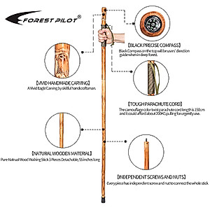 FOREST PILOT 3 Piece Detachable Fir Wood Walking Stick Eagle Carving with a Compass(Nature Color, 55 Inches, 1 Piece)…