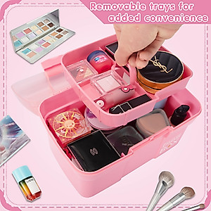TERGOO 11in Mutipurpose Storage Box Organizer with Removable Tray, Portable Small Craft Box with Handle, Plastic Clear Tool Box Art Case for Makeup, Sewing, Nail, Hair Accessories (Pink)