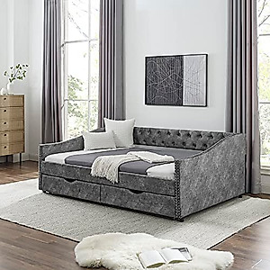 EMKK Full Size Daybed with Drawers Upholstered Tufted Sofa Bed, with Button on Back and Copper Nail on Waved Shape Arms,Storage Platform Bed for Kids Teens and Adults