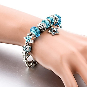 Capital Charms Sky Blue Star Silver Plated Charm Bracelet Set, Jewelry Gifts with Beads, Charms, and Adjustable Snake Chain, Fits 7.5"+1.5" (SkyBlue Star)