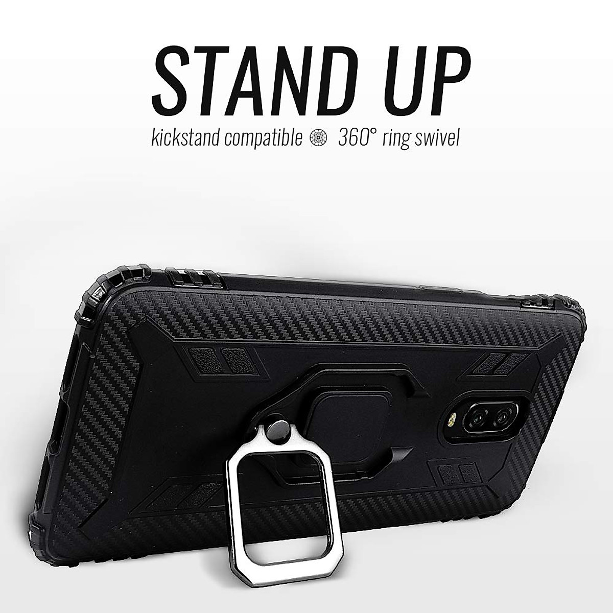 Shields Up OnePlus 7/6T Carbon Case | 10ft Drop Tested | Ultra Slim, Lightweight, Scratch Resistant, Shockproof | Kickstand - Black