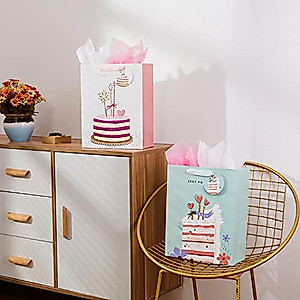 SUNCOLOR 13" Large Gift Bags for Girls Birthday Party with Tissue Paper (2 Pack, Cakes)