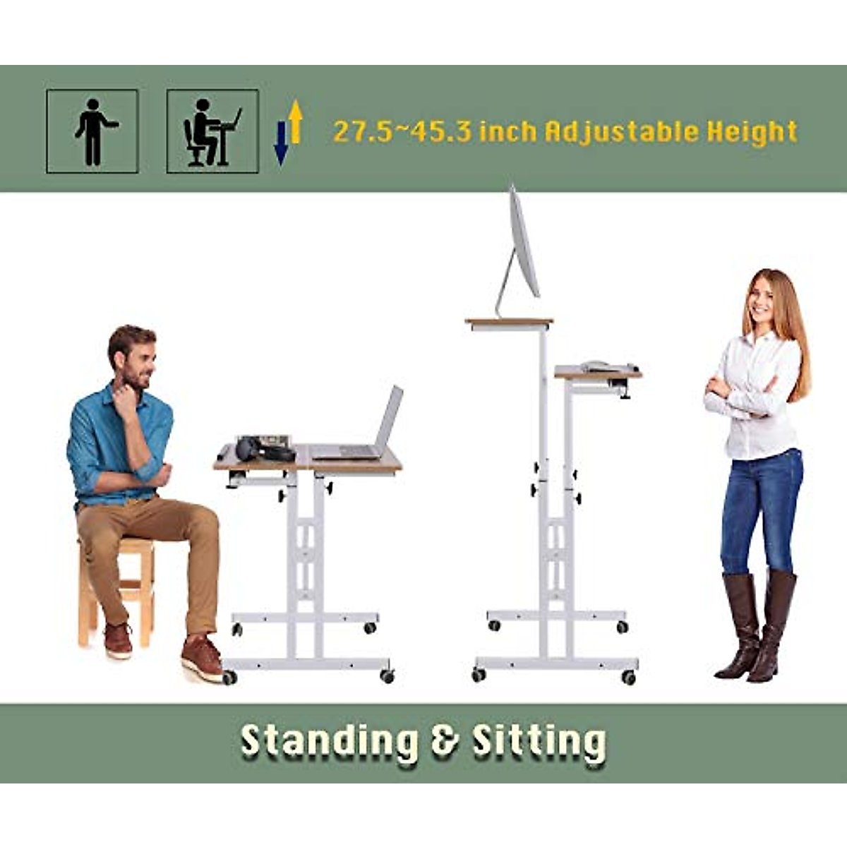 AIZ Mobile Standing Desk, Adjustable Computer Desk Rolling Laptop Cart on Wheels Home Office Computer Workstation, Portable Laptop Stand for Small Spaces Tall Table for Standing or Sitting, Oak
