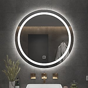 YVYKFZD Round Bathroom Mirrors, Bathroom Vanity Mirror with Tri-Color LED Lights, Hanging Large Wall Mirror with Smart Touch Button, Anti-Fog, Time Display Function (Color : A, Size : 90x90cm(35.4x3