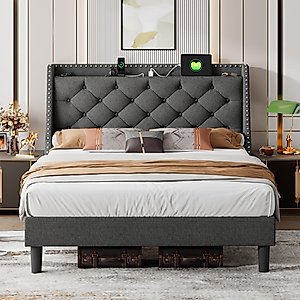 iPormis Queen Bed Frame with 16" Comfort Wingback & Charging Station, Upholstered Platform Bed with Button Tufted Storage Headboard, Solid Wood Slats Support, No Box Spring Needed, Dark Grey