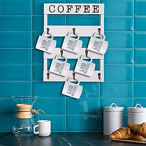 EMAISON Solid Wood Coffee Mug Holder Wall Mounted, Rustic Cup Rack with 8 Hooks Large Space for Big Cups for Kitchen, Home, Coffee Bar Station (White)