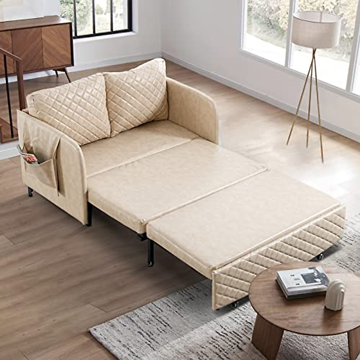 Antetek Sleeper Sofa Bed, 46-inch Faux Leather Loveseat Sleeper Sofa Couch with Pull-Out Bed, Small Love seat Sofa Single Bed with a Detachable Side Pocket for Living Room, Office, Camel