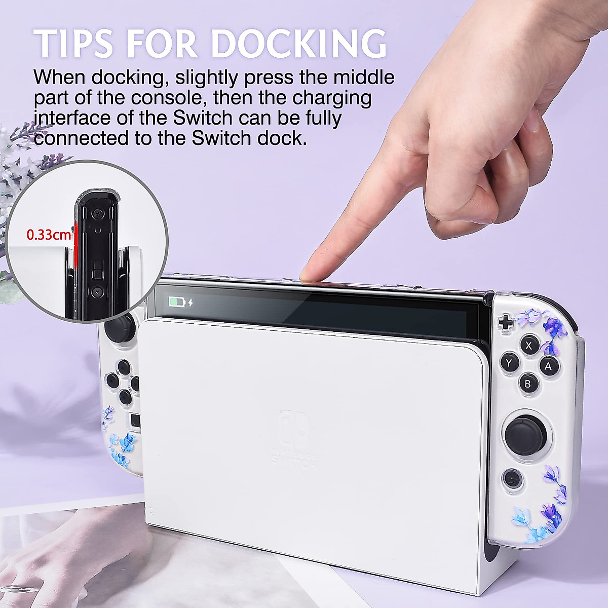 DLseego Floral Flower Case for Nintendo Switch OLED with Cute Purple Lavender Pattern for Women Girls, Anti-Scratch Dockable Clear Hard Shell Soft Shock-Absorption TPU Joy Con Cover