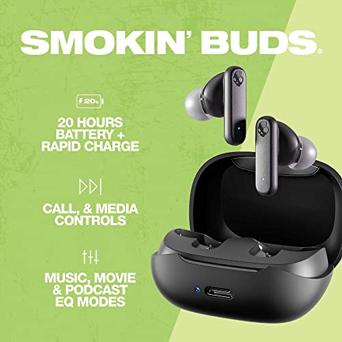 Skullcandy Smokin Bud In-Ear Wireless Earbuds, 20 Hr Battery, 50% Renewable Plastics, Microphone, Works with iPhone Android and Bluetooth Devices - Black