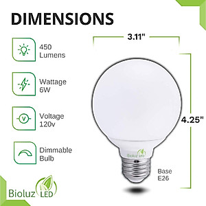 6 Pack Bioluz Dimmable Globe LED G25 Bulbs, 40 Watt Replacement (Uses 6 Watts), Warm White (2700K), 450 Lumens UL Listed - Dimming Light Bulbs for Bathroom, Soft White LED Filament Lights