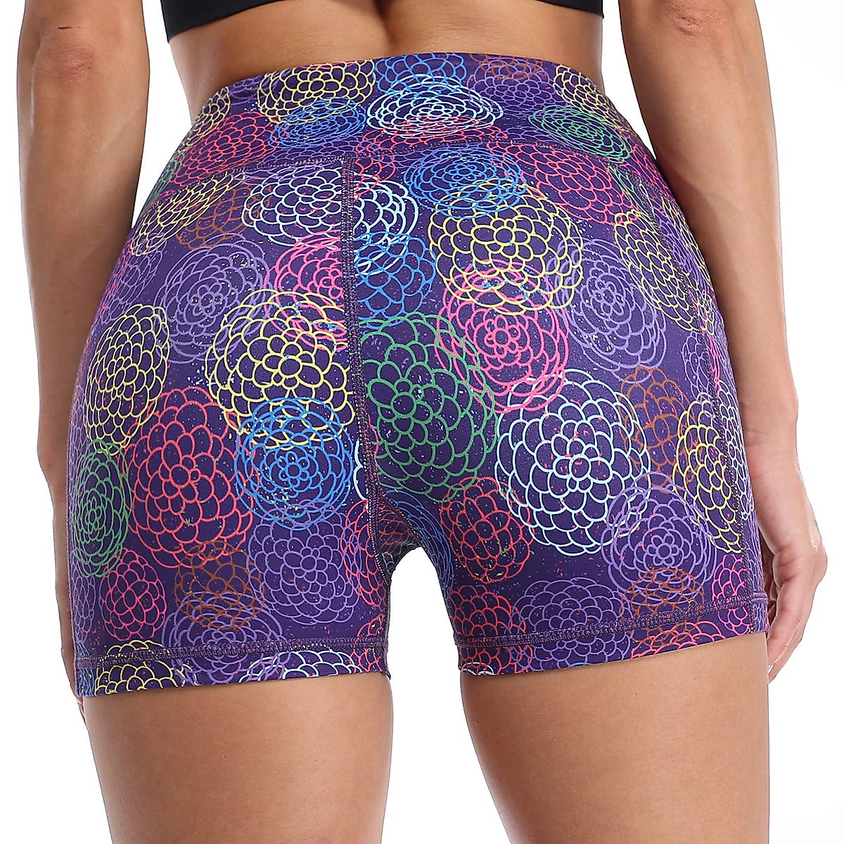 Amazon Essentials Workout Volleyball Yoga Print Short Pockets High Waist Exercise Running Gym Shorts for Women 3" Purple Circle Flower-M
