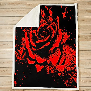 Girls Rose Fleece Throw Blanket Rose Blooming Floral Print Sherpa Blanket Women Romantic Flowers Pattern Plush Blanket Luxury Red Black Decor Fuzzy Blanket for Sofa Bed Couch,Twin 60x80 Inch