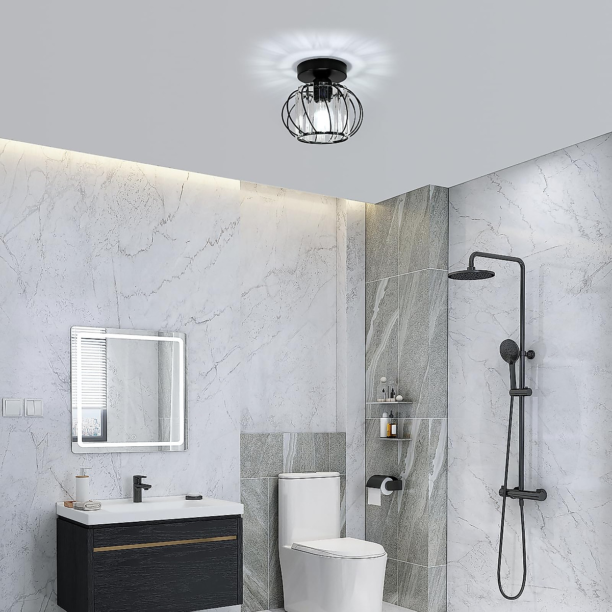 DELIPOP Semi Flush Mount Ceiling Light, Dimmable Small Metal Cage Hallway Light Fixtures Ceiling Lamps, Farmhouse Ceiling Light Fixture, Industrial Crystal Chandelier for Corridor Bathroom Kitchen