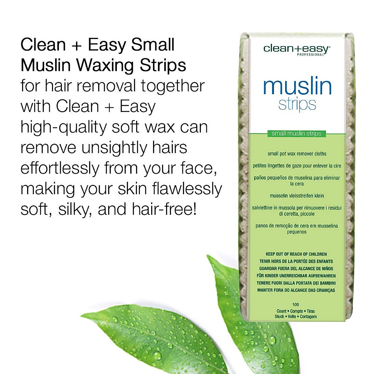 Clean + Easy Small Facial Muslin Wax Strips for Hair Removal, Pre-Cut Durable Muslin Epilating Strips to Remove Unsightly Hairs from the Face - 1 3/4" X 4 1/2", 100 count