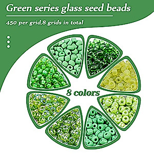 3600 Pcs Glass Seed Beads, 3mm 8/0 Bracelet Beads Set, Assorted Glass Beads with 8-Grid Plastic Storage Box, Small Round Beads for Jewelry Making - Green Series