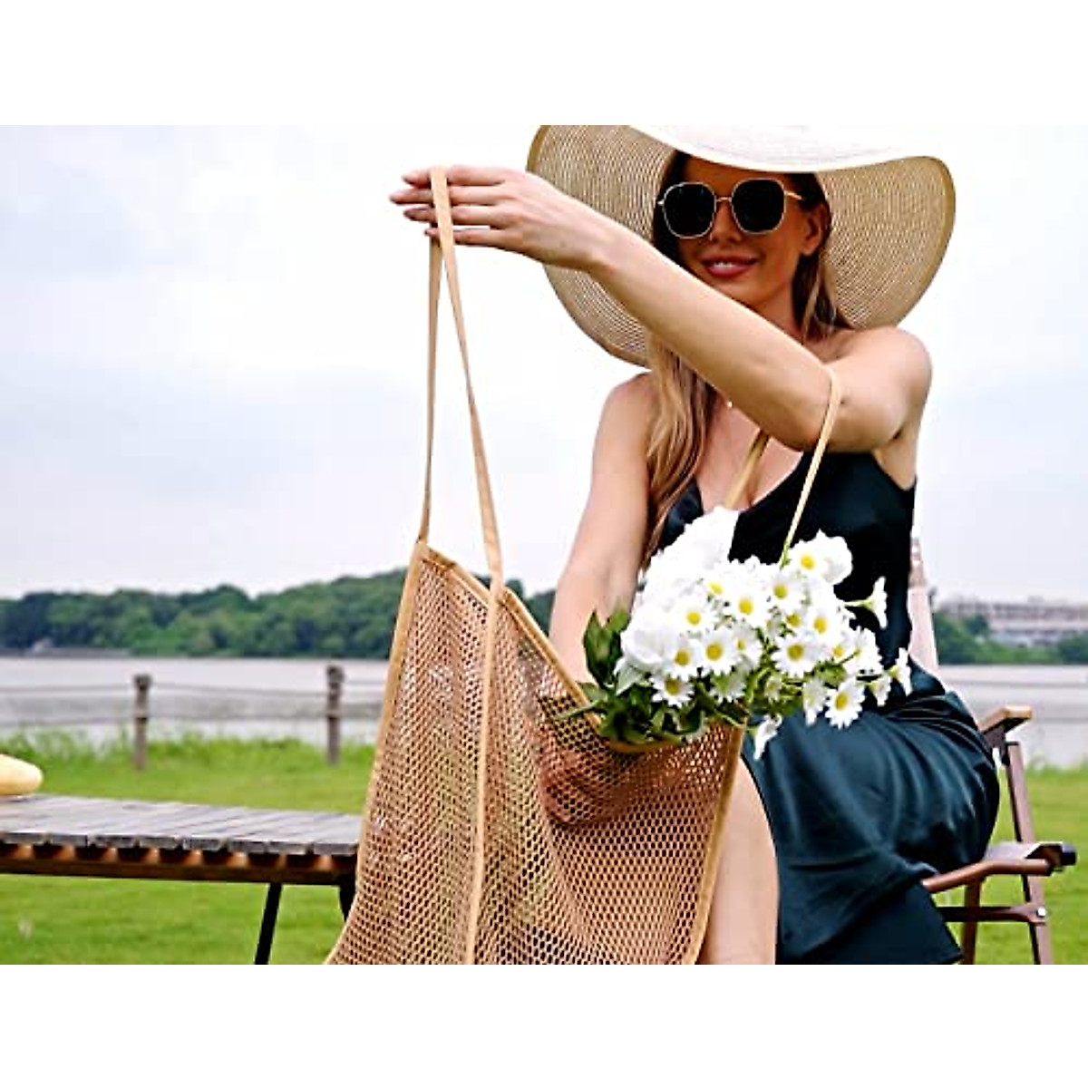 Covelin Women's Beach Tote Bag, Mesh Handbag Top-Handle Shoulder Bag Tan