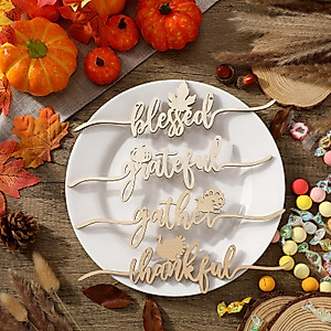 8 Pcs Thanksgiving Wood Cutout Cards Sign Grateful Blessed Gather Thankful Plates Thanksgiving Place Setting Decorations Hanging Thanksgiving Plate Decor for Home Table Setting Decor (Burlywood)