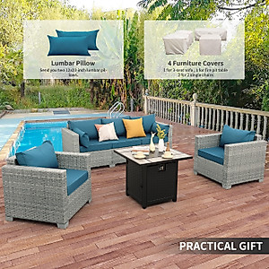 WAROOM 4 Piece Patio Furniture Set with Fire Pit Table Grey Wicker Outdoor Couch Balcony Sofa Patio Conversation Sets PE Rattan Chair, Peacock Blue Cushion