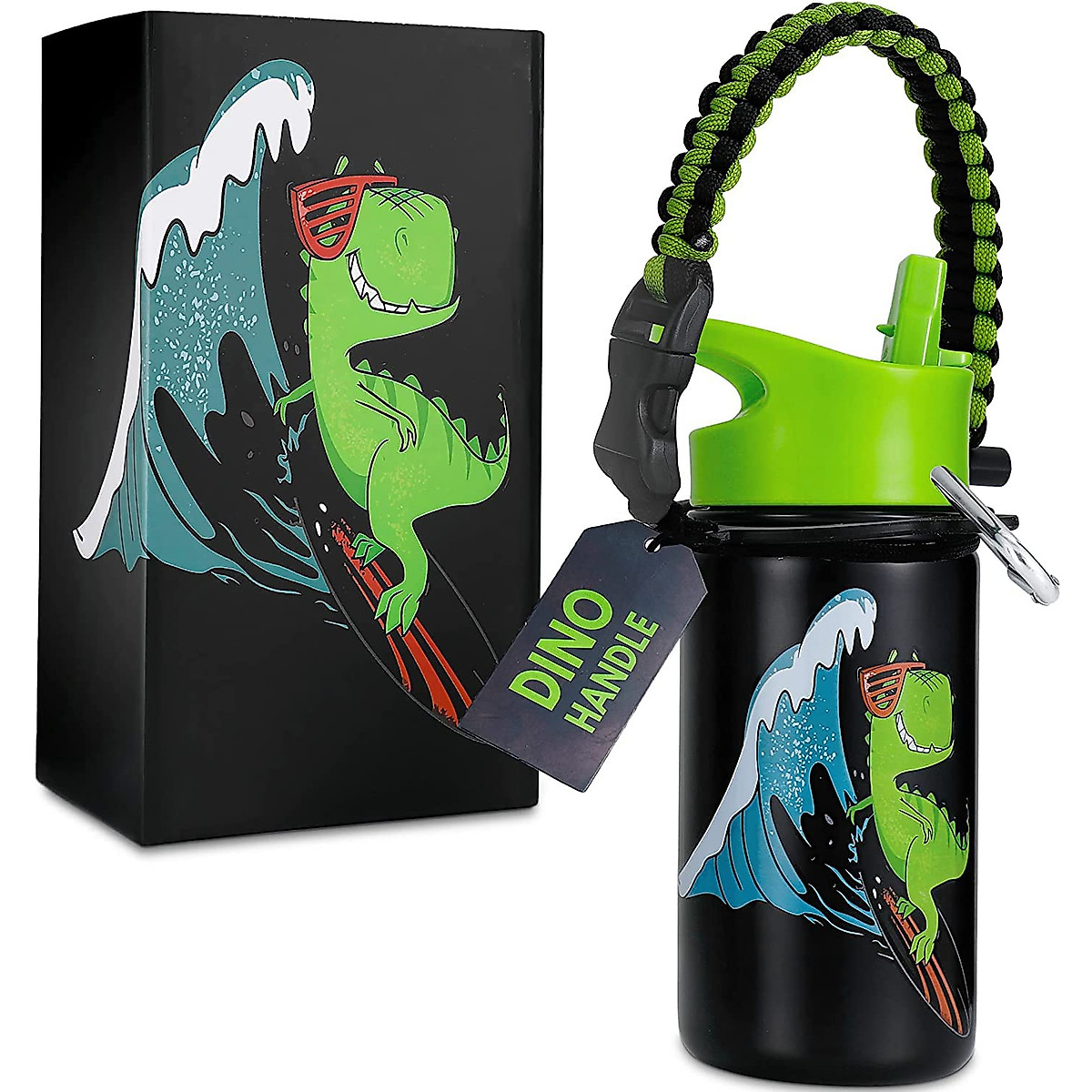 Dinosaur Water Bottle, 14 OZ, Leak Proof, 36 Hours Cold, Dishwasher Safe Lid, Removable Handle, Wide Mouth Double Wall Vacuum Insulated Stainless Steel Water Bottle For School, Straw, Bottle For Boys