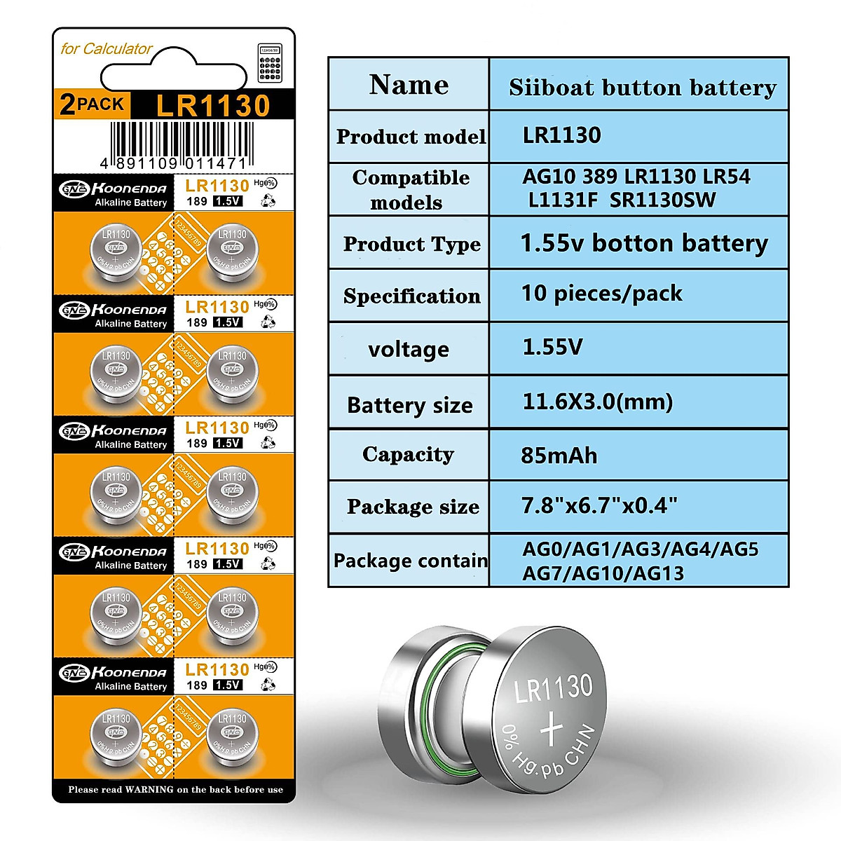 Siiboat Watch Batteries 80PCS - AG0, AG1, AG3, AG4, AG5, AG7, AG10, AG13, 1.5V Alkaline LR41 LR44 Assorted Button Coin Cell Batteries