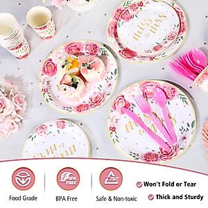 Zhehao 170 Pcs Bridal Shower Floral Party Supplies Miss to Mrs Plates and Napkins Rose and Gold Disposable Paper Tableware Set Includes Plates Cups Napkins Tablecloth for Wedding Engagement Engagement