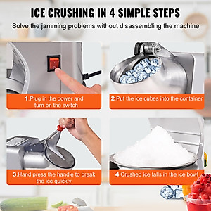 VEVOR Ice Crushers Machine, 220lbs Per Hour Electric Snow Cone Maker with 4 Blades, Stainless Steel Shaved Ice Machine with Cover and Bowl, 300W Ice Shaver Machine for Home and Commercial Use, Silver